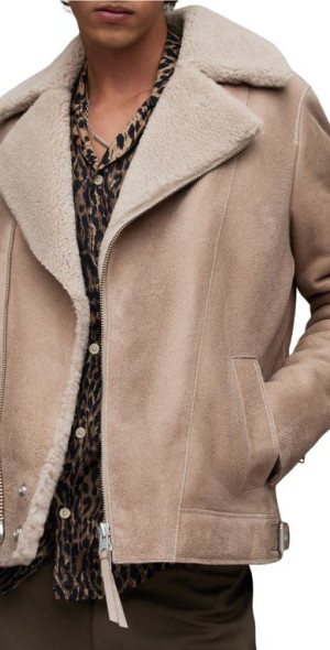 AllSaints - Rasco Genuine Shearling Moto Jacket in Faded Taupe