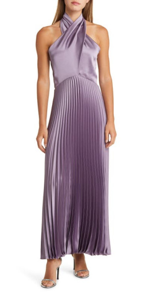 Amsale - Pleat Halter Satin Gown in Violet