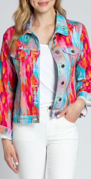 APNY - Watercolor Print Denim Jacket in Pink Multi at Nordstrom
