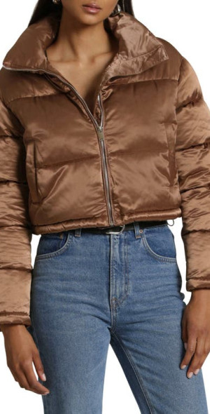 Avec Les Filles - Quilted Satin Crop Puffer Jacket in Copper at Nordstrom