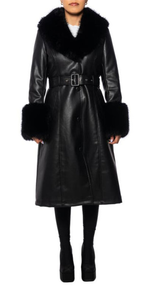 AZALEA WANG - Belted Faux Fur Trim Faux Leather Trench Coat in Black at Nordstrom
