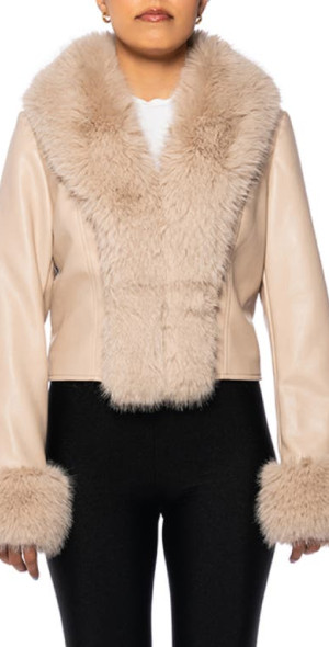 AZALEA WANG - Faux Fur Trim Faux Leather Jacket in Beige at Nordstrom