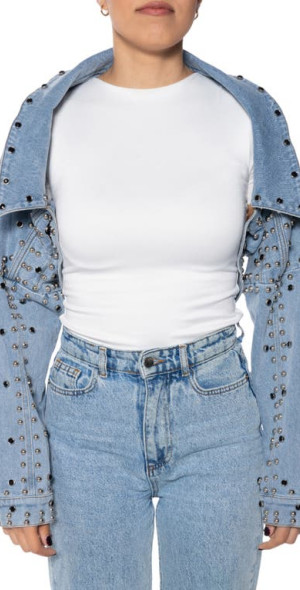 AZALEA WANG - Studded Crop Denim Jacket in Blue at Nordstrom