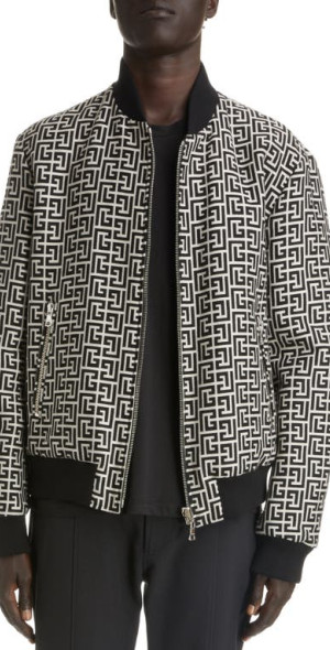 Balmain - Monogram Print Reversible Bomber Jacket in Ivory/Black