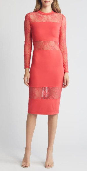 bebe - Lace Inset Long Sleeve Midi Dress in Red
