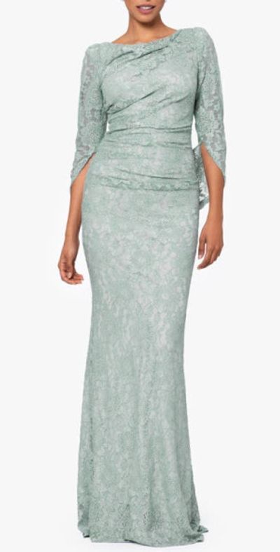 Betsy & Adam - Drape Back Cape Sleeve Lace Trumpet Gown in Sage