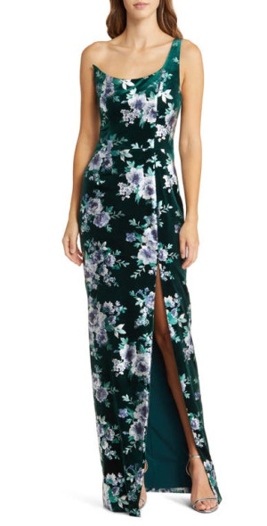 Black Halo - Spice Floral One-Shoulder Velvet Sheath Gown in Frosted ...