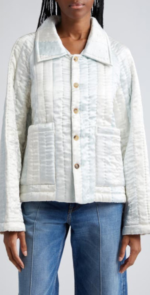 Bode - Banker Stripe Quilted Satin Jacket in White Blue