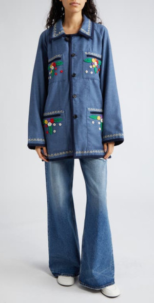 Bode - Dianthus Embroidered Appliqué Wool Jacket in Cornflower