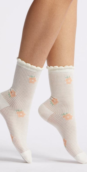 Casa Clara - Cherry Pointelle Combed Cotton Crew Socks in White Floral
