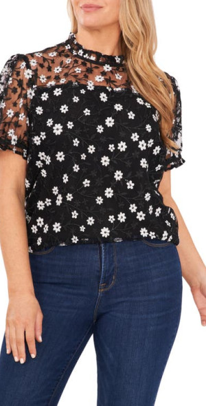 CeCe - Embroidered Floral Mesh Overlay Blouse in Rich Black