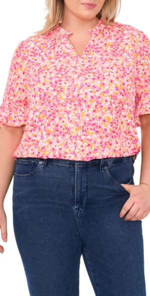 CeCe - Floral Ruffle Detail Blouse in Pink/New Ivory