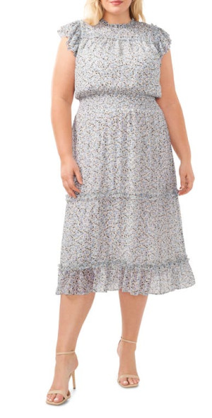 CeCe - Floral Ruffle Midi Dress in New Ivory