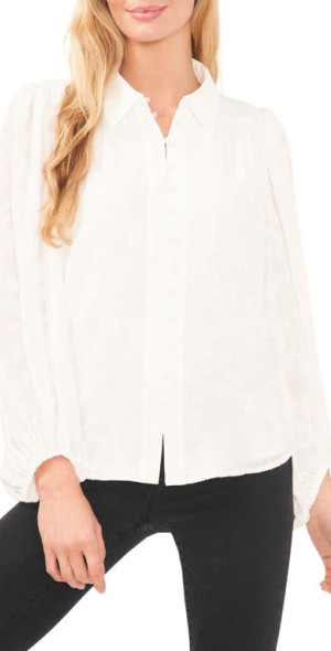 CeCe - Puff Sleeve Clip Jacquard Button-Up Blouse in New Ivory at Nordstrom