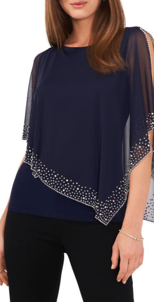 Chaus - Beaded Overlay Cape Blouse in Navy