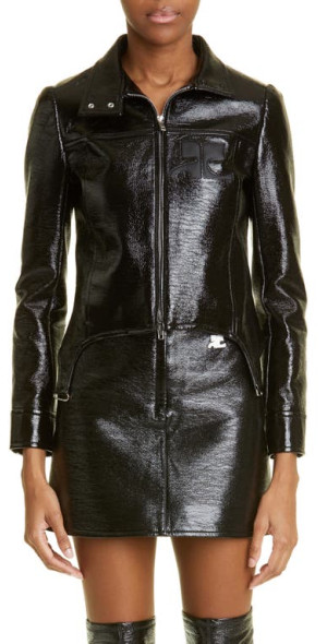 Courrèges - Suspenders Tonal Logo Vinyl Bomber Jacket in Black at Nordstrom