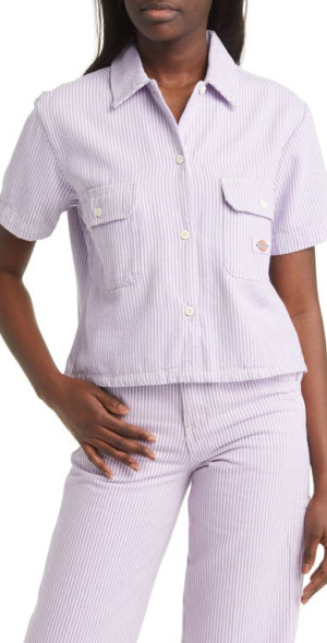 Dickies - Hickory Stripe Crop Work Shirt in Ecru/Lilac