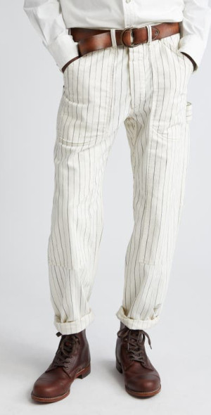 Double RL - Moore Pinstripe Herringbone Carpenter Pants in Off White/Black