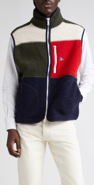 Drake's - Colorblock Wool Blend Bouclé Vest in Ecru/Green/Navy/Red