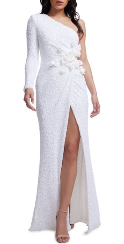 Dress the Population - Francis Sequin One-Shoulder Gown in White at ...