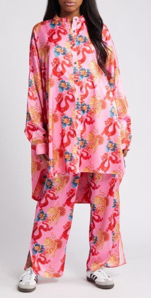 Dressed in Lala - Dragon Satin Long Sleeve Top & Pants Set in Pink ...