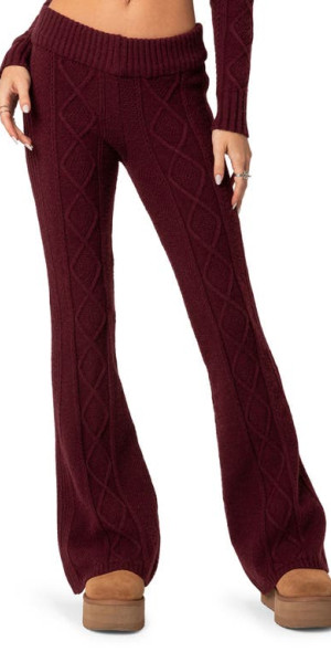 EDIKTED - Ray Cable Stitch Flare Sweater Pants in Burgundy at Nordstrom