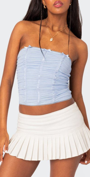 EDIKTED - Veronika Strapless Ruched Mesh Top in Light-Blue at Nordstrom