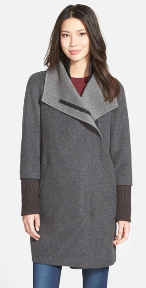 Elie Tahari - 'Mika' Drape Collar Wool Blend Coat with Rib Knit Detail in Light Grey at Nordstrom