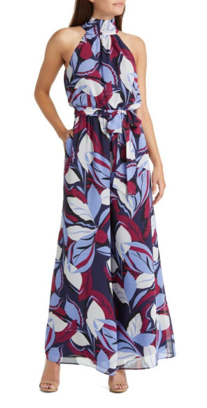 Eliza J - Print Tie Waist Wide Leg Jumpsuit in Blue at Nordstrom