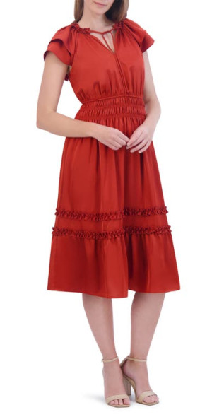Eliza J - Tiered Ruffle Sleeve Tie Neck Midi Dress in Rust Eliza J - Tiered Ruffle Sleeve Tie Neck Midi Dress in Rust