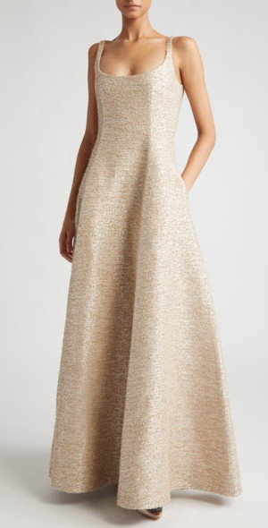 Emilia Wickstead - Colbia Open Back Metallic Tweed Gown in Beige And Silver