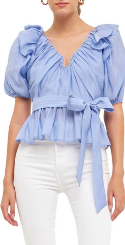 Endless Rose - Ruffle Puff Sleeve Top in Powder Blue