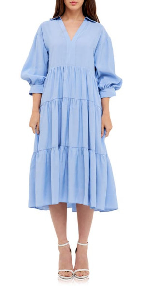 English Factory - Balloon Sleeve Tiered Midi Dress in Powder Blue