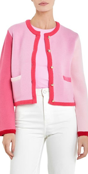 English Factory - Colorblock Heart Button Cardigan in Pink Multi at ...