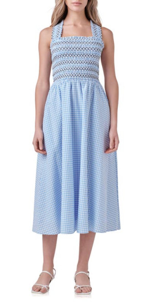 English Factory - Gingham Smocked Midi Dress in Powder Blue