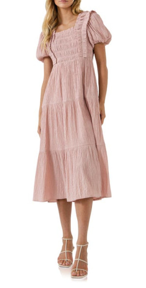 English Factory - Smock Bodice Puff Sleeve Dress in Dusty Pink at Nordstrom