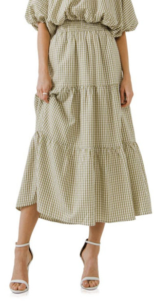 English Factory Tiered Gingham Maxi Skirt In Olive