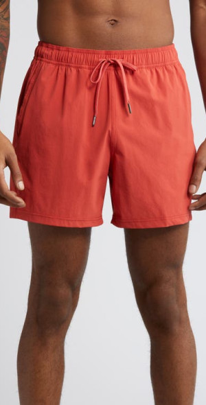 Fair Harbor The Bungalow Leaf Print Swim Trunks In Baked Apple At