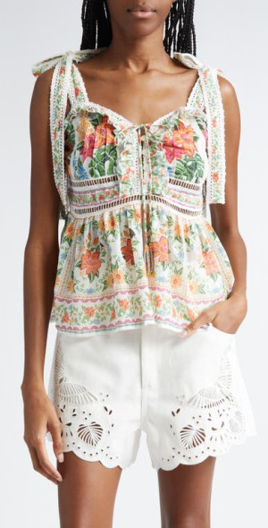 FARM Rio - Bloom Garden Crochet Detail Peplum Top in Off-White