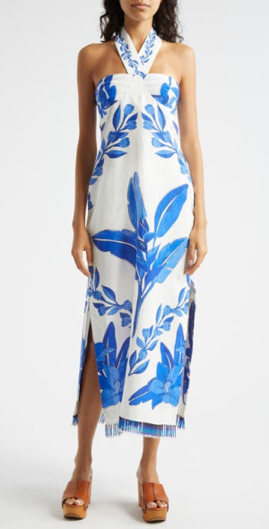 FARM Rio - Blue Yard Halter Dress in Off-White