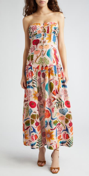 FARM Rio - Bright Farm Print Strapless Linen Blend Maxi Dress in Bright ...