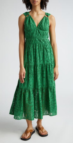 FARM Rio - Monstera Corset Tiered Midi Dress in Green