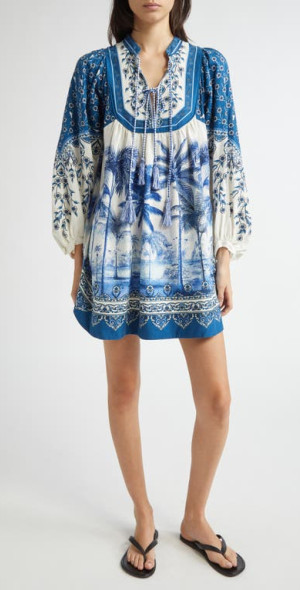 FARM Rio - Palm Tree Print Linen Blend Tie Front Dress in Off-White at ...