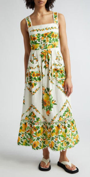 FARM Rio - Papaya Salad Scarf Print Linen Blend Maxi Sundress in Off-White