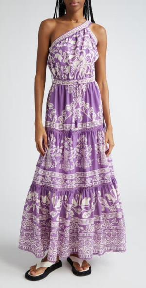 FARM Rio - Sweet Garden Lilac One-Shoulder Tiered Cotton Maxi Dress at ...