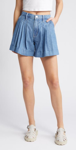 FRAME - Pleated Wide Cuffed Denim Shorts in Rhythm at Nordstrom