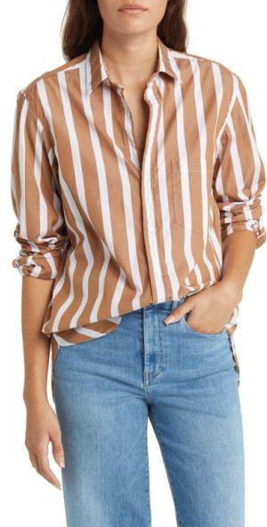 Frank & Eileen - Joedy Stripe Boyfriend Button-Up Shirt in Wide Camel Stripe at Nordstrom
