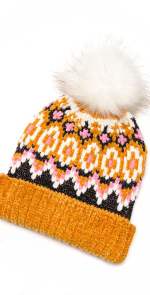 Free People - Chalet Fair Isle Faux Fur Pompom Hat in Mustard Combo at ...