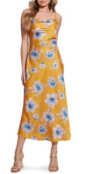 GUESS - Akilina Floral Print Satin Midi Dress in Yellow at Nordstrom