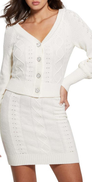 GUESS - Brielle Rhinestone Button Cardigan in White at Nordstrom